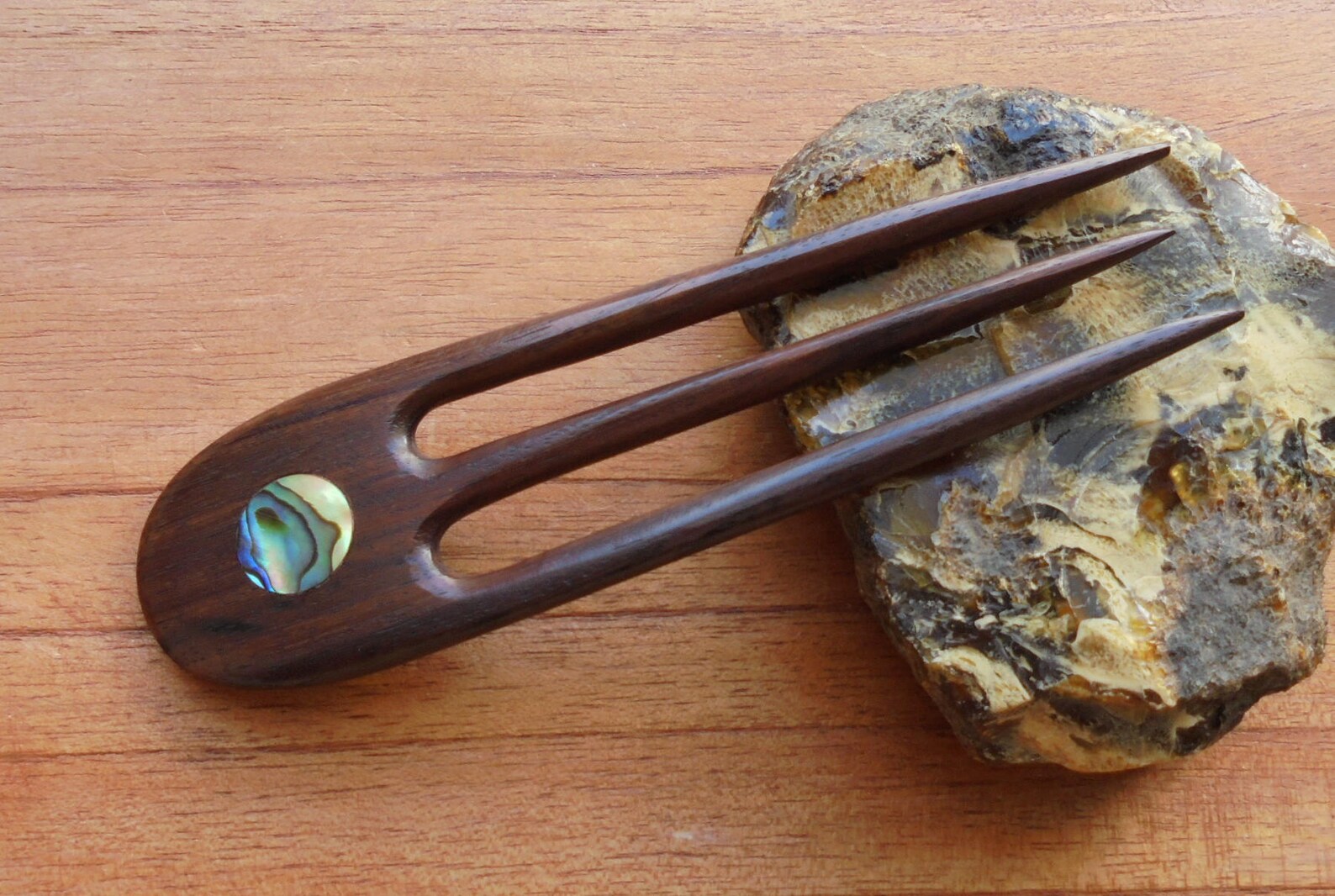 3 Prongs Wood Hair Sticks With Paua Shell Inlay, Hair Pin, Hair Fork ...