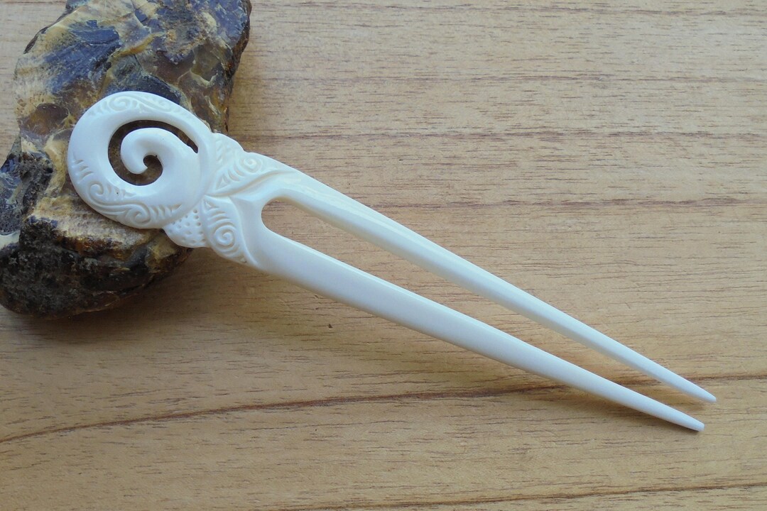 Bone Hair Sticks, Koru Spiral Carving, Hair Fork, 2 Prongs Accessories ...