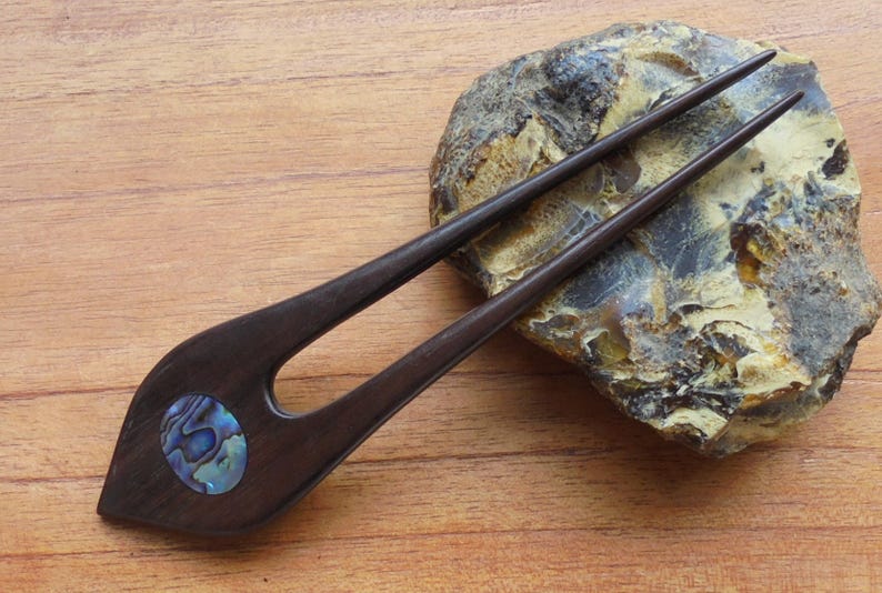 2 Prongs Wood Hair Sticks With Paua Shell Inlay, Hair Pin, Wood Hair ...