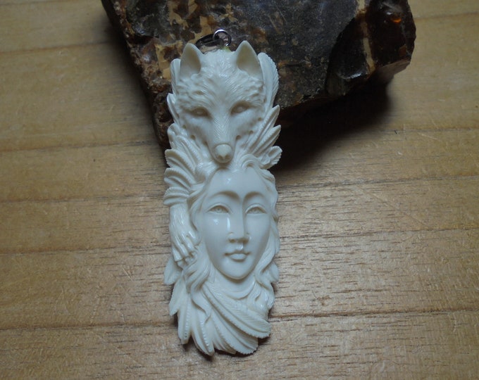 Wolf Goddess Bone Pendant, Hand Carved Goddess Bali Bone Carving PD5923 ...
