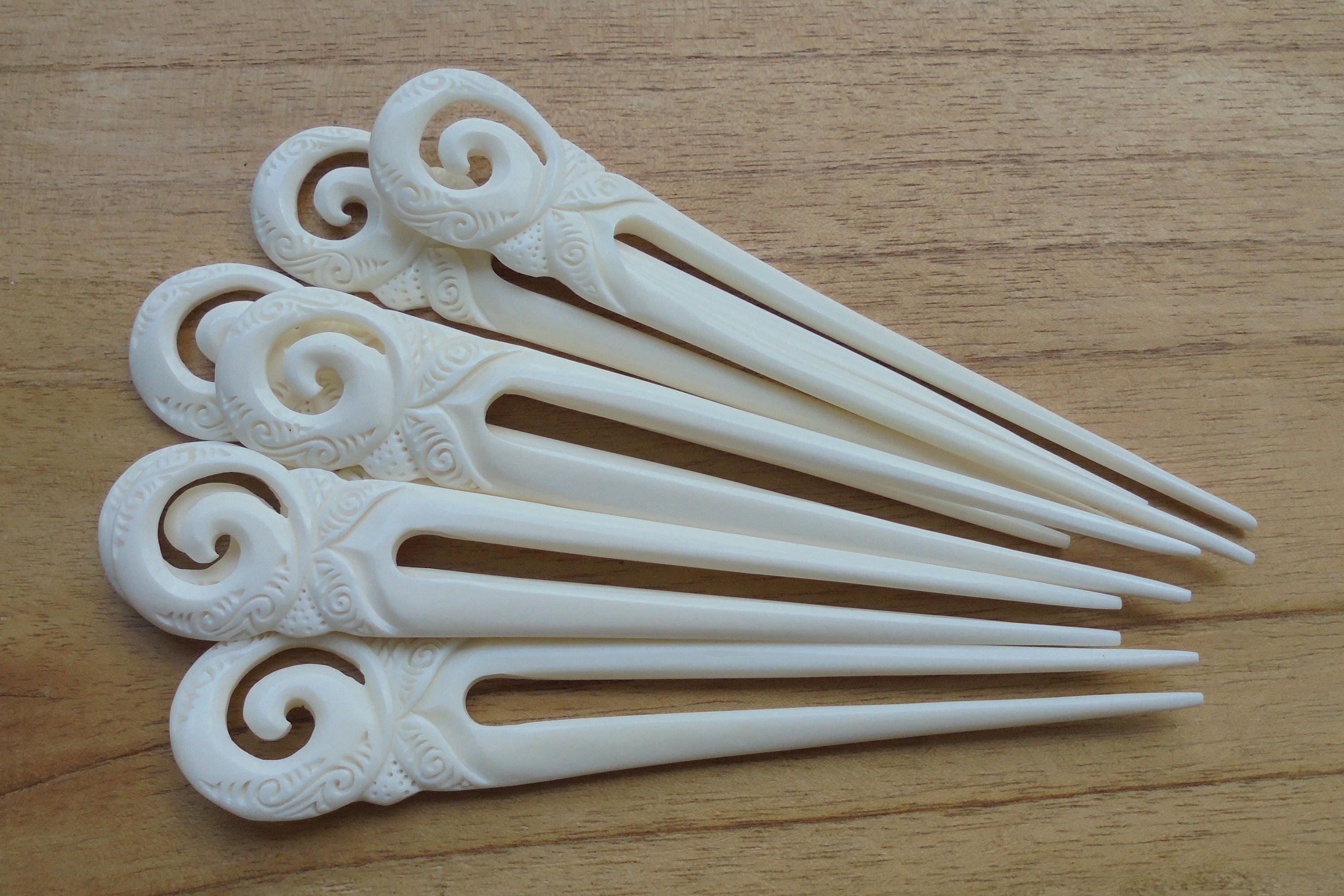 Bone Hair Sticks, Koru Spiral Carving, Hair Fork, 2 Prongs Accessories ...