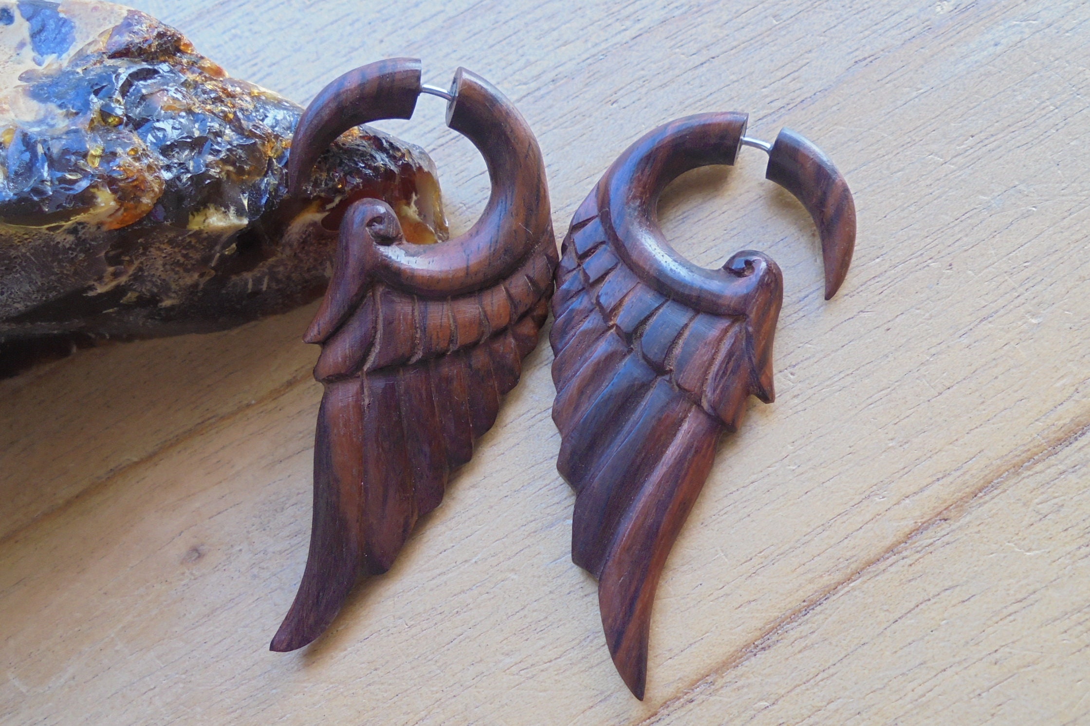 Angel Wings Earrings, Tribal Fake Earrings, Wood Fake Earrings, Wings ...