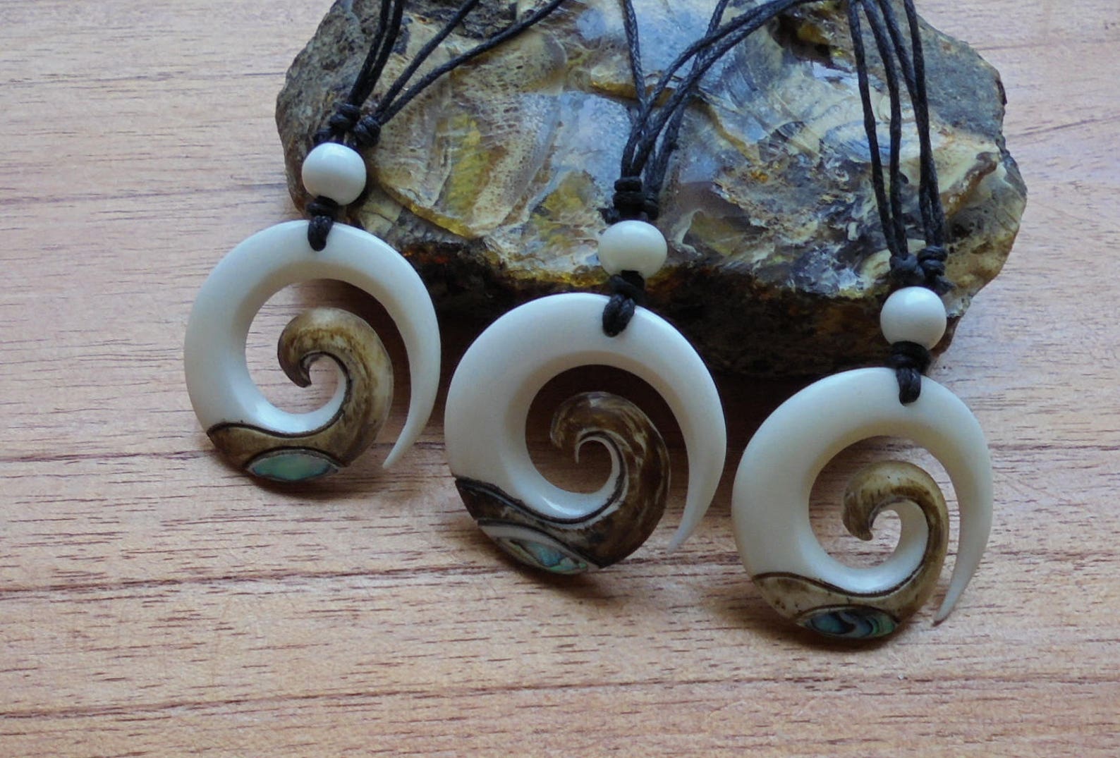Maori Koru Spiral Bone Necklace With Paua Shell Inlay and | Etsy