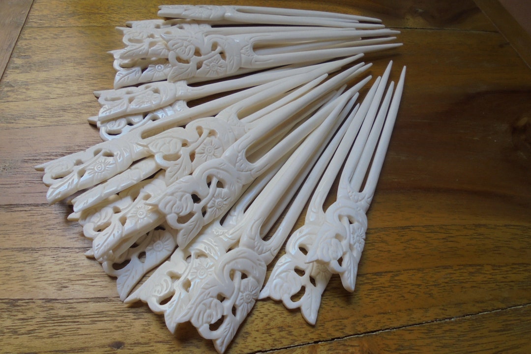 Flower Carved Bone Hair Fork, Two Prong Hair Pin - Etsy