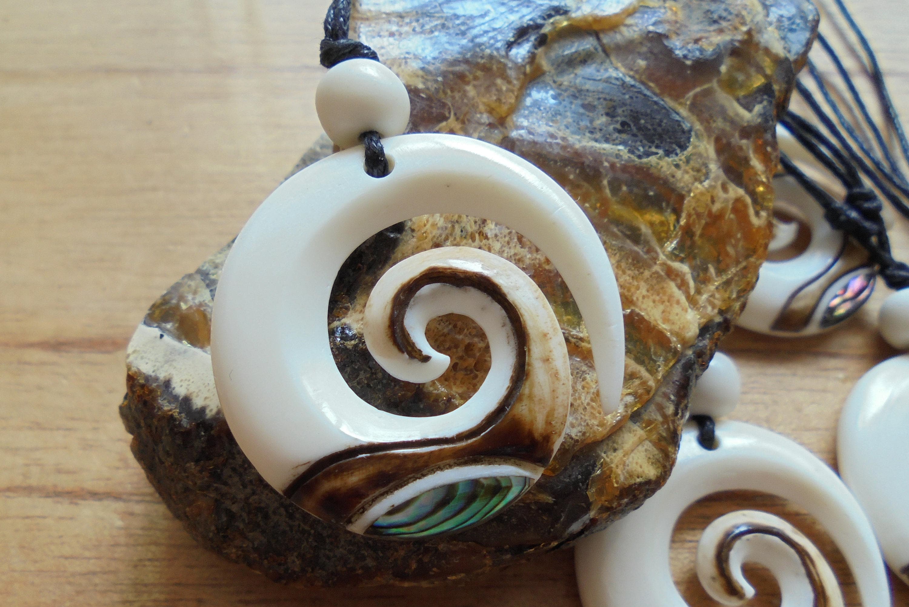 Maori Koru Spiral Bone Necklace With Paua Shell Inlay and - Etsy