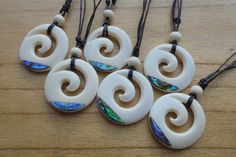 Maori Koru Spiral Bone Necklace With Paua Shell Inlay Bone | Etsy