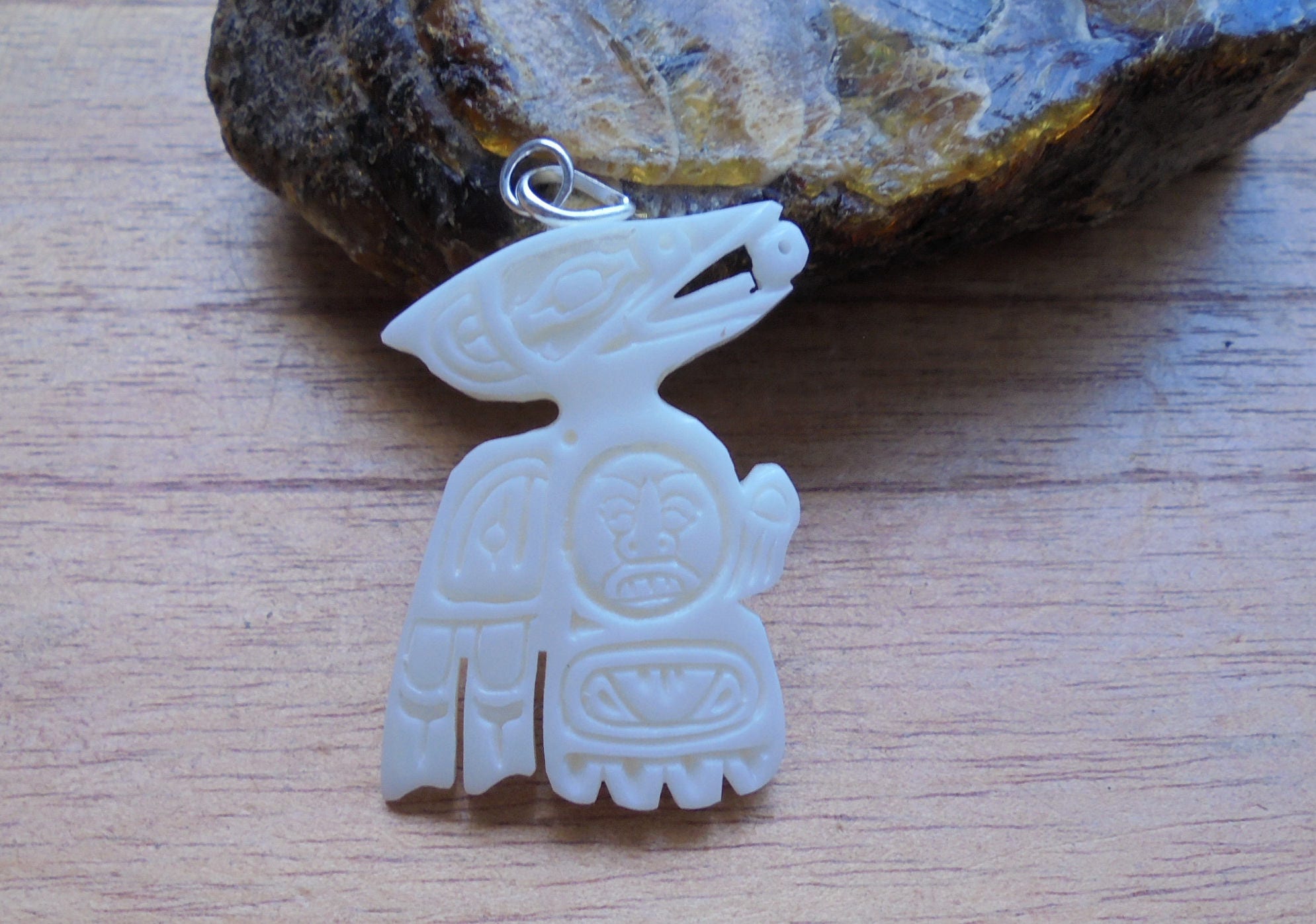 Raven Bone Pendant, Northwest Coast Carving, Sterling Silver Bail NWC 6 ...