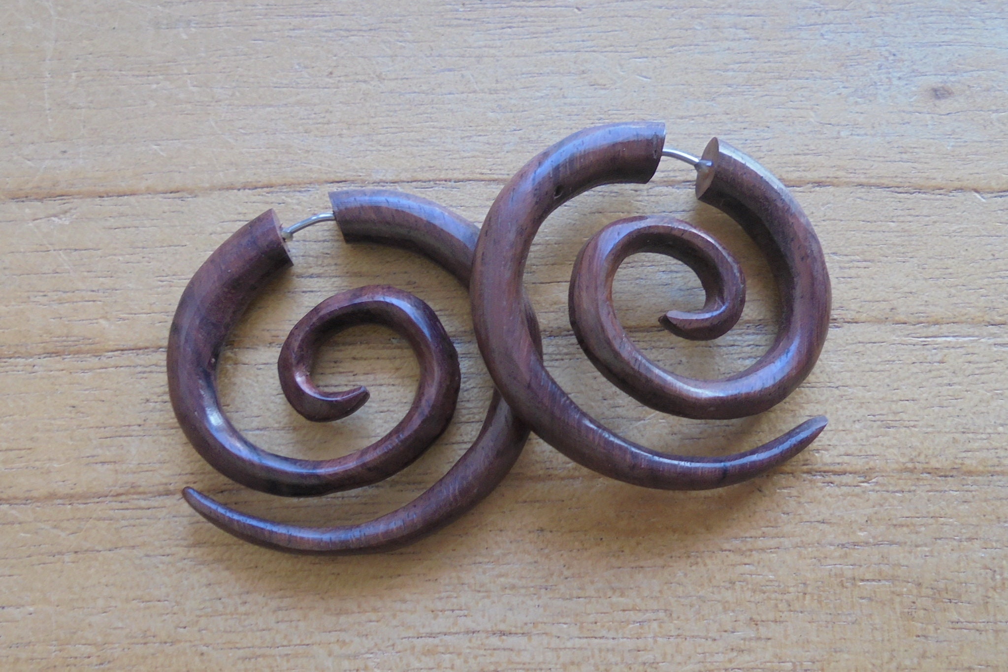 Fake Gauge Earrings, Spiral Fake Earrings, Wood Fake Earrings, Wooden ...