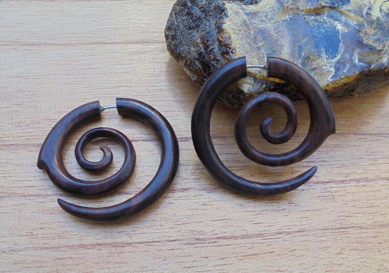 Fake Gauge Earrings Spiral Fake Earrings Wood Fake Earrings - Etsy