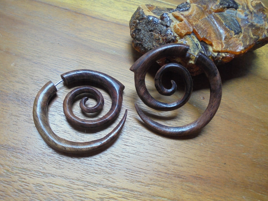 Fake Gauge Earrings, Spiral Fake Earrings, Wood Fake Earrings, Wooden ...