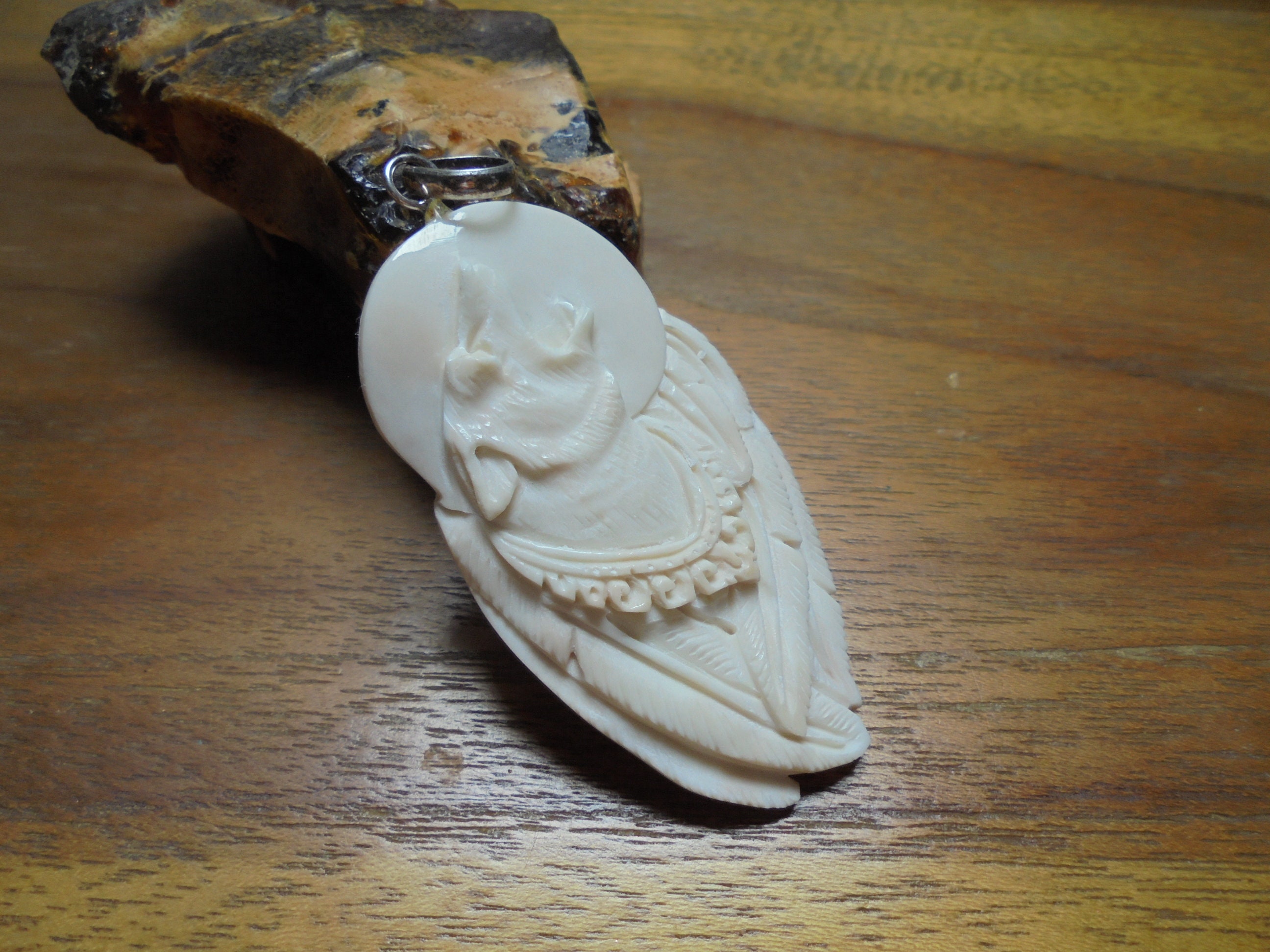 Hand Carved Moon Howling Wolf Bone Pendant Bali Bone Carving - Etsy