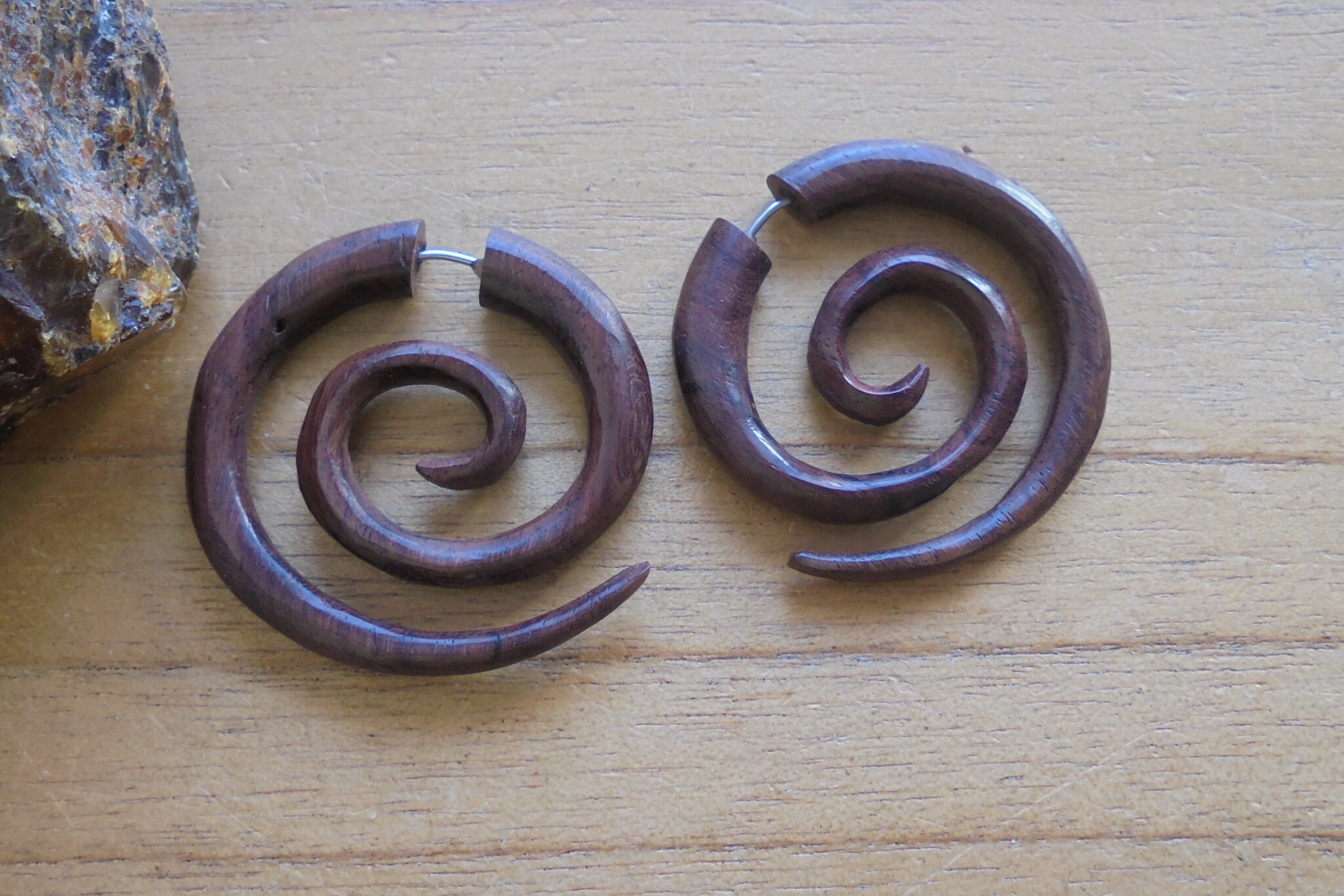 Fake Gauge Earrings, Spiral Fake Earrings, Wood Fake Earrings, Wooden ...