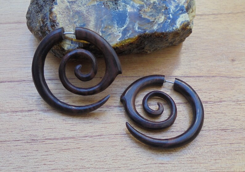 Fake Gauge Earrings Spiral Fake Earrings Wood Fake Earrings - Etsy