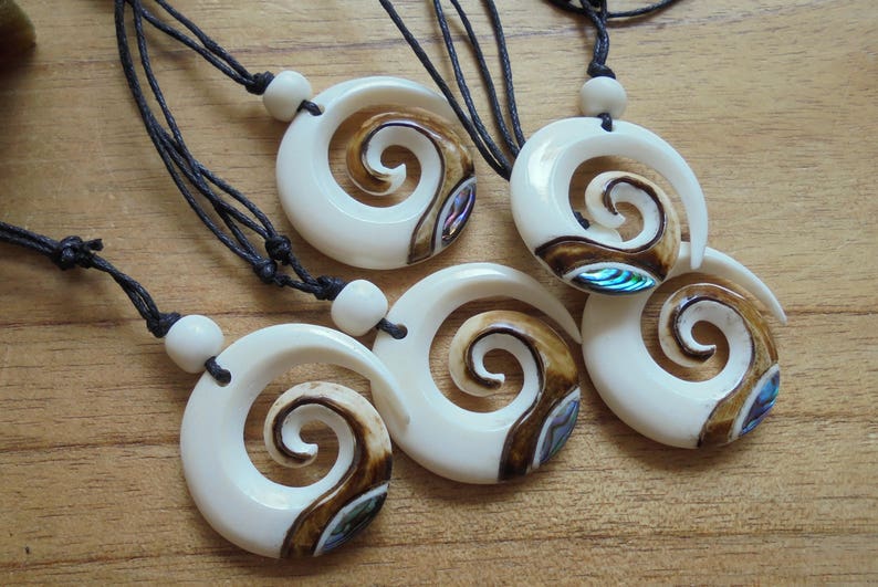 Maori Koru Spiral Bone Necklace With Paua Shell Inlay and | Etsy