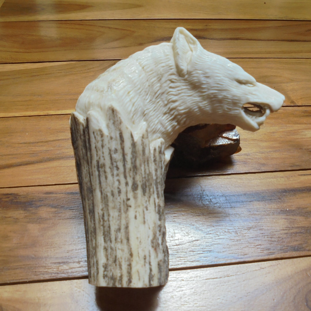 Hand Carved Wolf Head Knife Handle, Wolf Carving, Deer Antler Carving ...