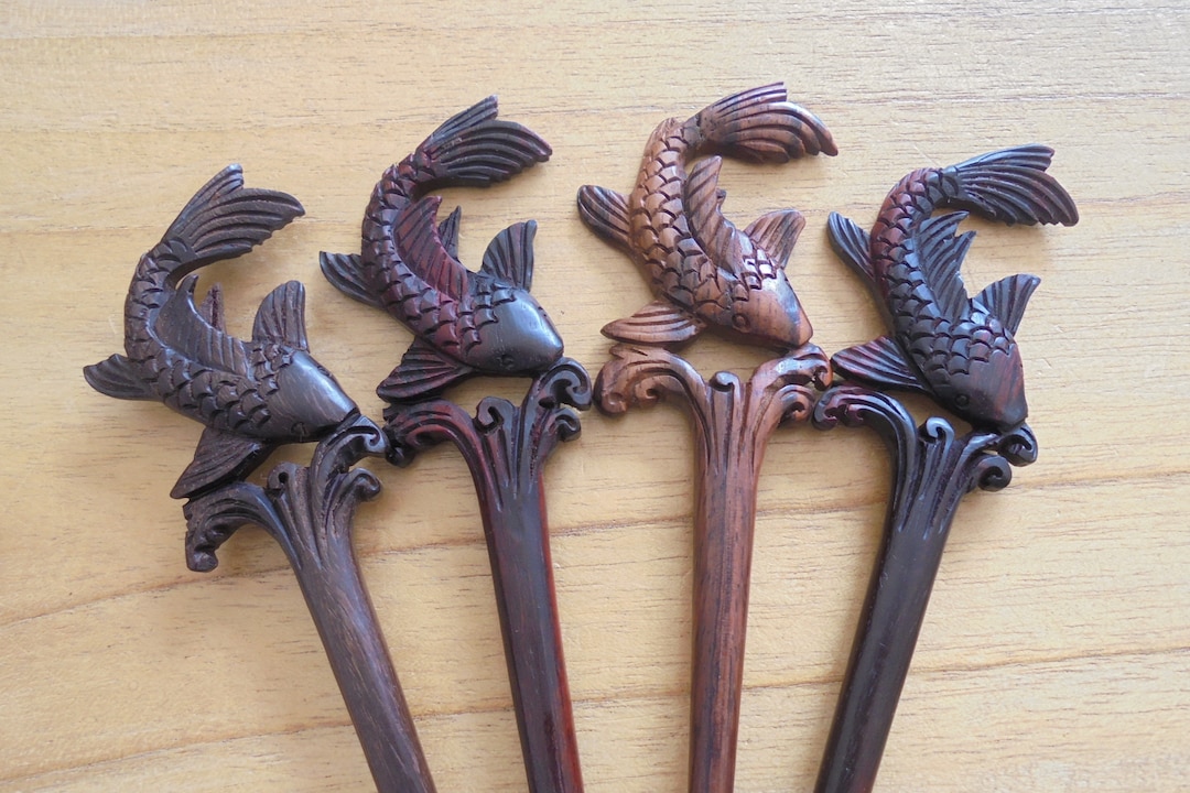 Wood Hair Sticks, Gold Fish Hair Pin, Koi Fish Hair Fork in Single ...