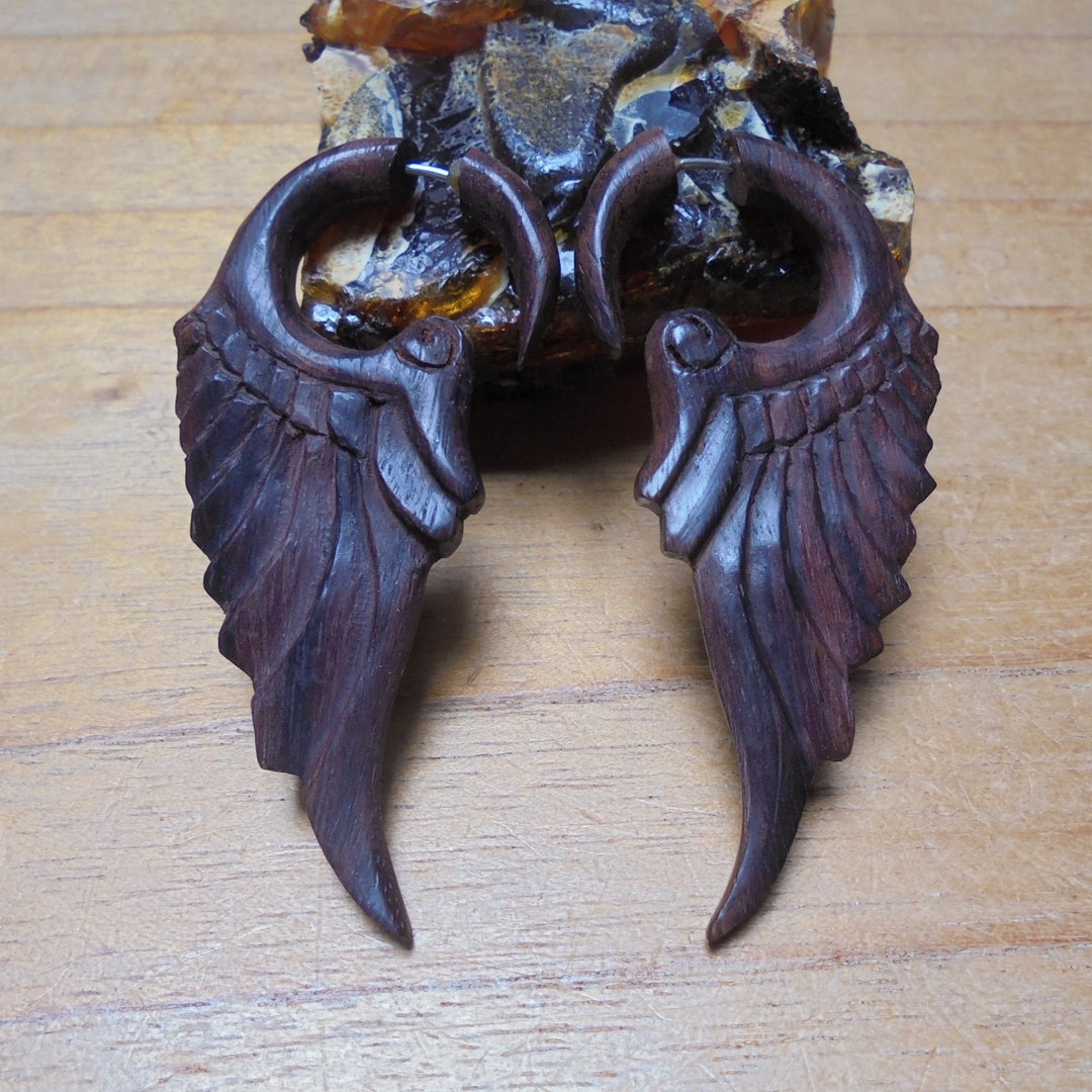 Angel Wings Earrings, Tribal Fake Earrings, Wood Fake Earrings, Wings ...