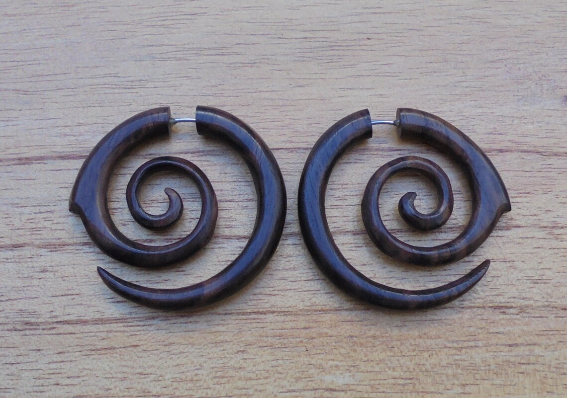 Fake Gauge Earrings Spiral Fake Earrings Wood Fake Earrings - Etsy