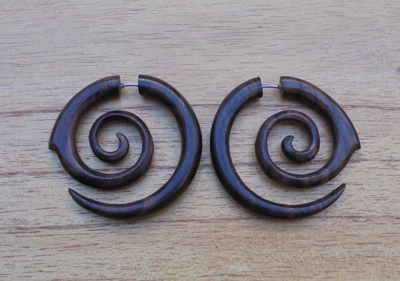 Fake Gauge Earrings Spiral Fake Earrings Wood Fake Earrings - Etsy