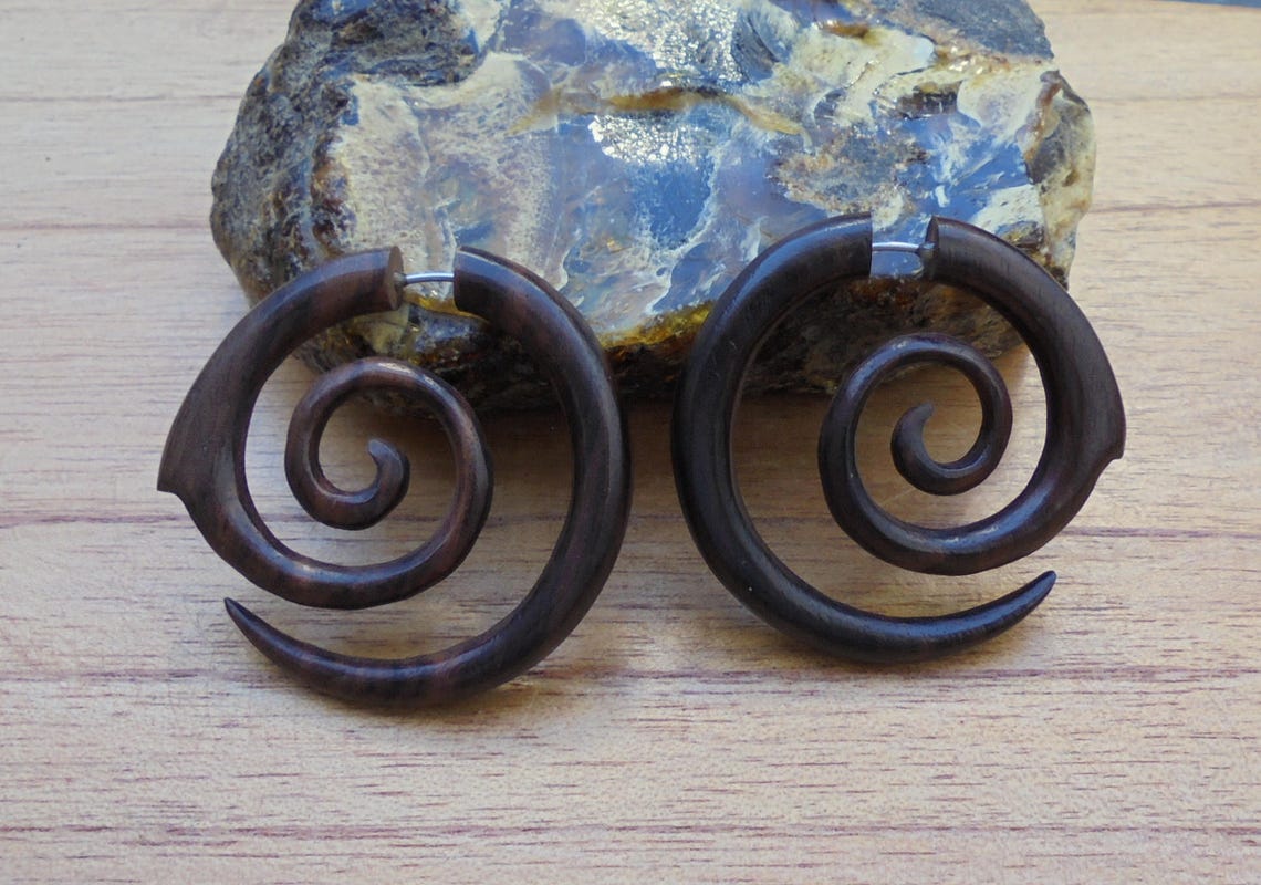 Fake Gauge Earrings Spiral Fake Earrings Wood Fake Earrings - Etsy