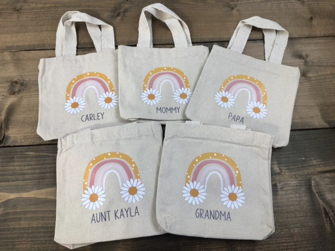 Set of 5 Personalized Boho Rainbow Daisy Party Favor Tote Bags item ...