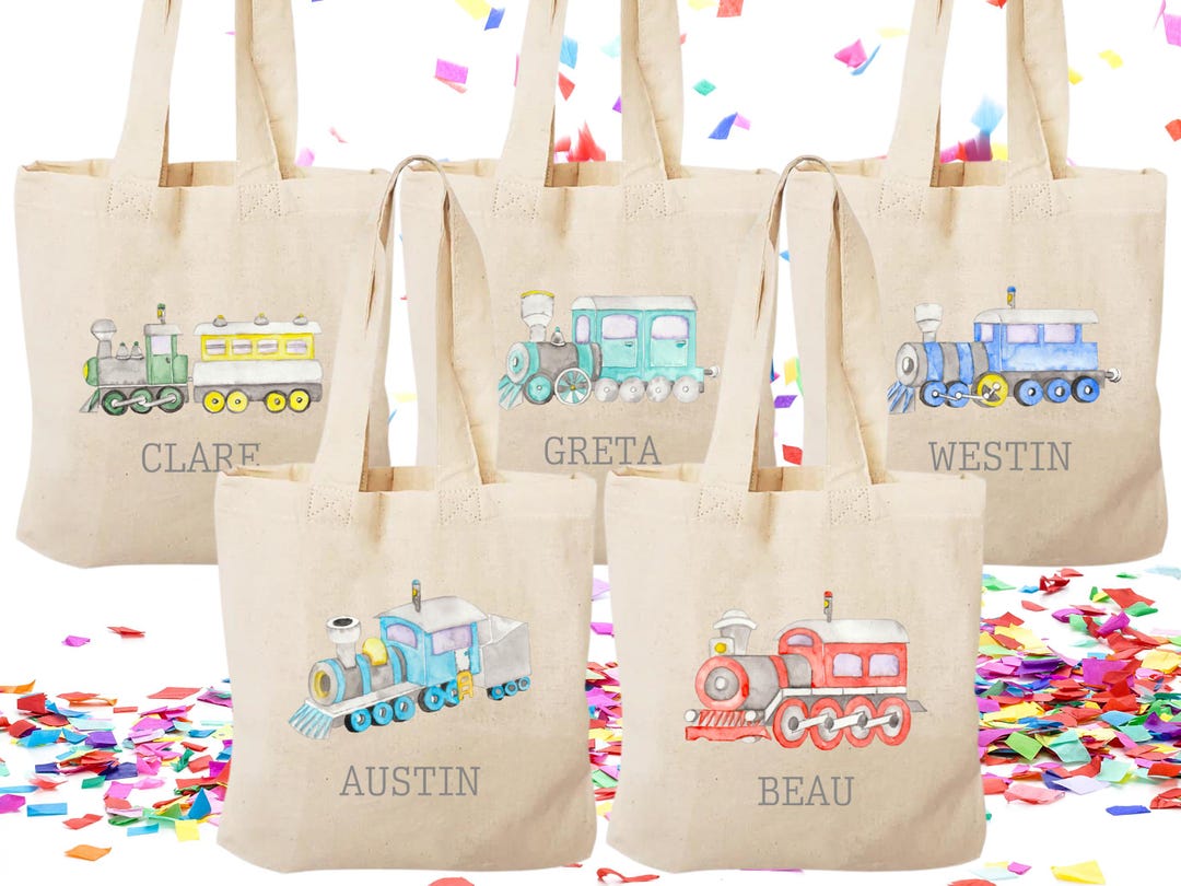 Set of 5 Personalized Train Party Favor Tote Bags (item 2619E) - Etsy