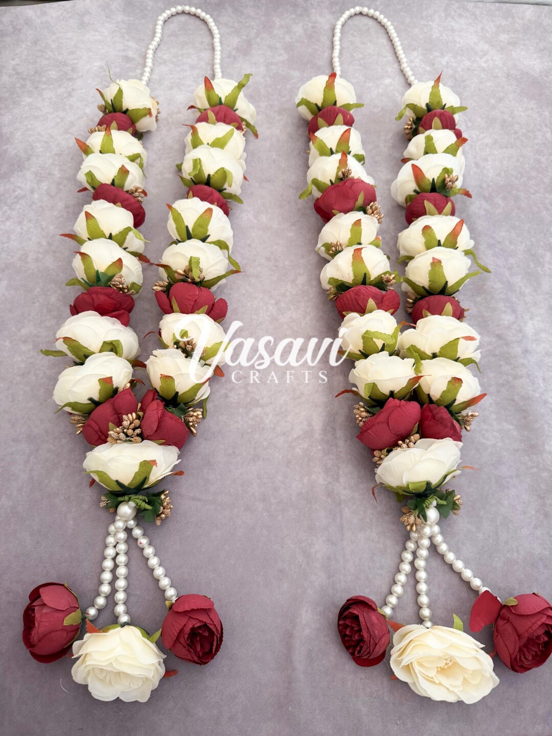 Maroon, Ivory Roses With Gold Baby Breath Flower Wedding Varmala for ...