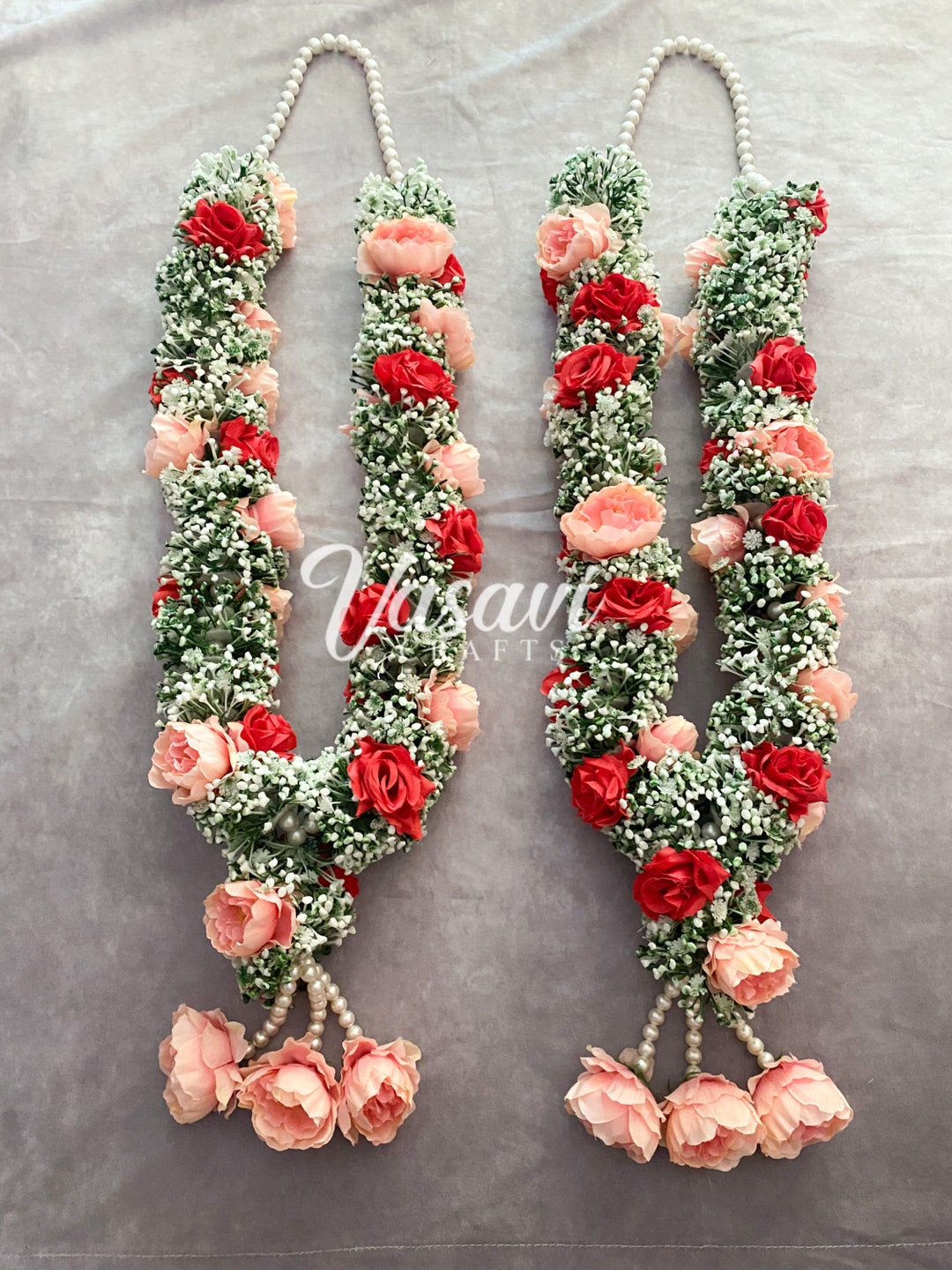 Baby Breath Flower Varmala With Red Roses, Pink Peonies Indian Wedding ...