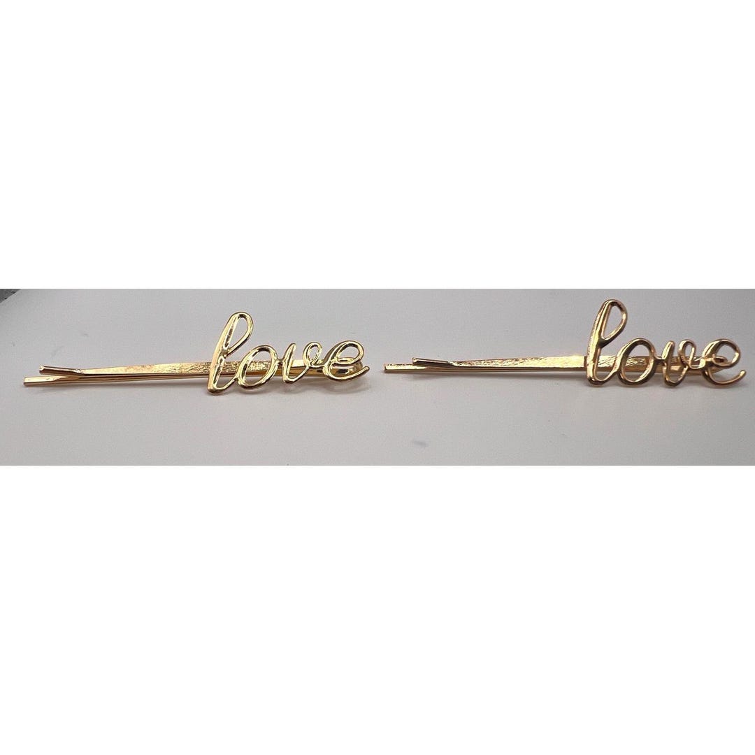 Gold Tone LOVE Script Hair Pins Pair Minimalist Romantic Hair Accessory ...