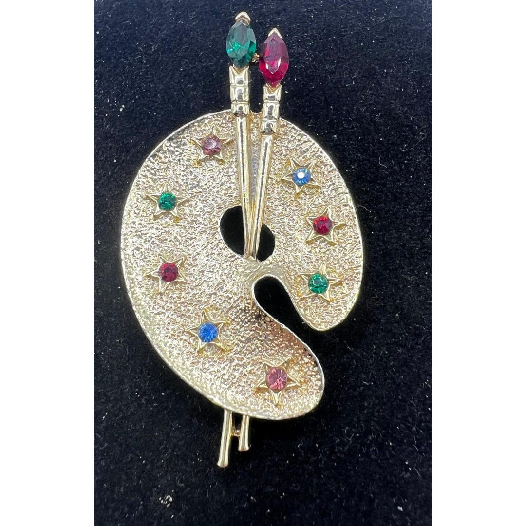 Vintage Gold Tone Artist Palette Brooch Rhinestones Paintbrush - Etsy