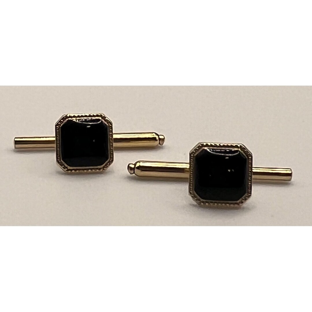 Mens Vintage Gold Tone Black Square Cufflinks Spring Loaded Retractable ...