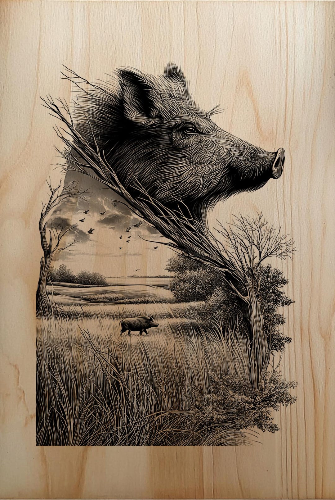 Wild Boar Double Exposure Nature PNG for Professional Wood Laser ...