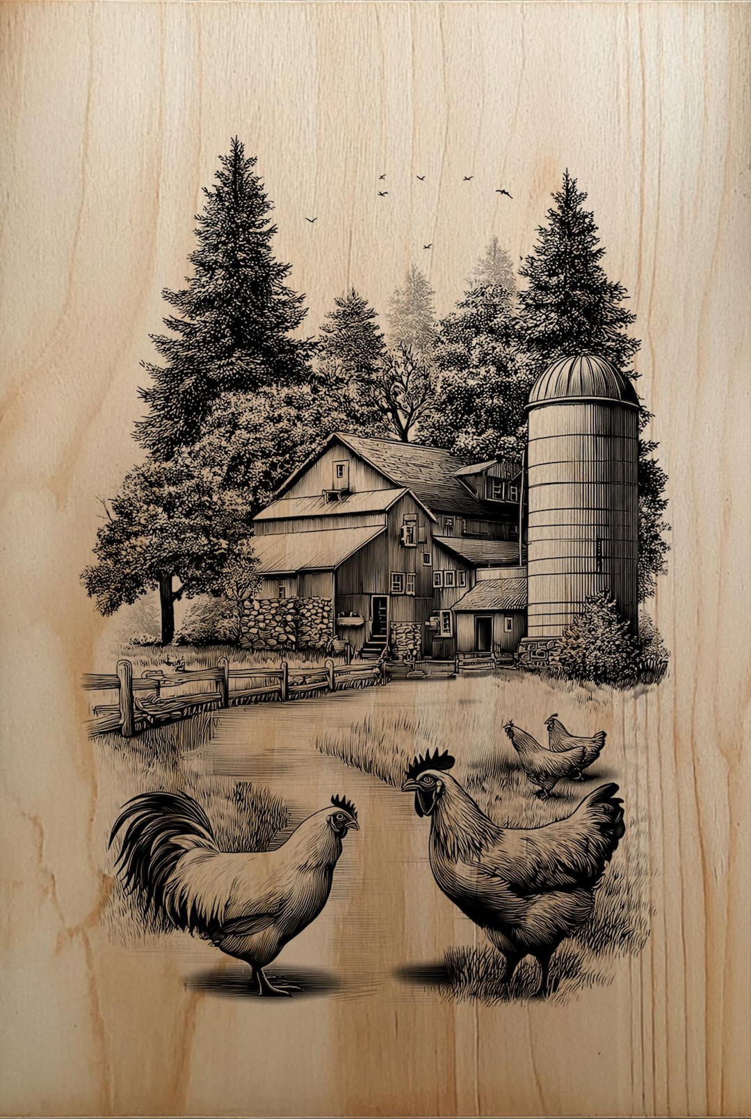 Rustic Old Farm With Barn Silo and Chickens PNG for Professional Wood ...