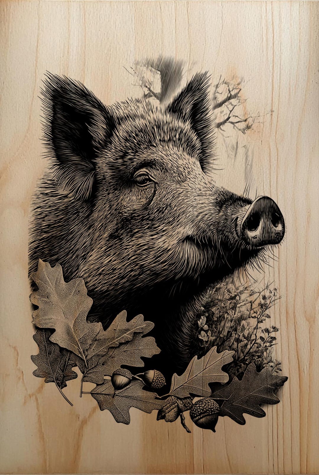 Detailed Wild Boar Portrait With Oak Leaves PNG for Professional Wood ...