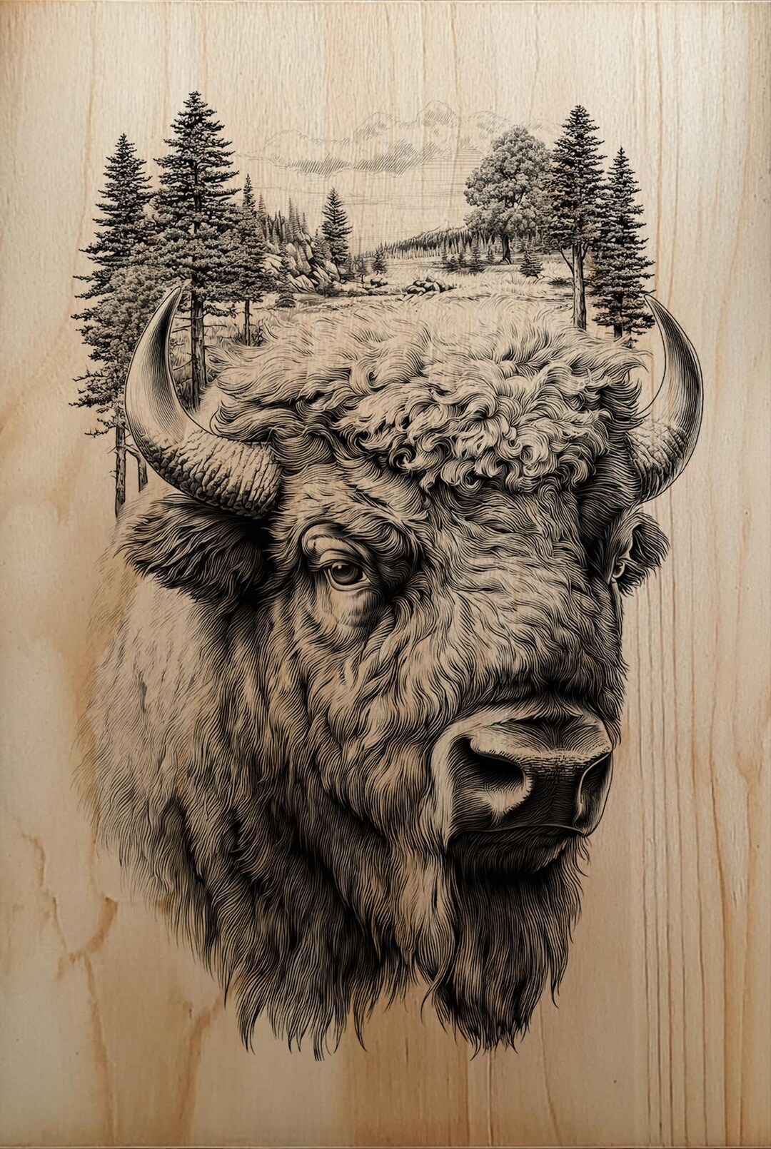 Bison Double Exposure Engraving PNG | Buffalo Forest Landscape Laser ...