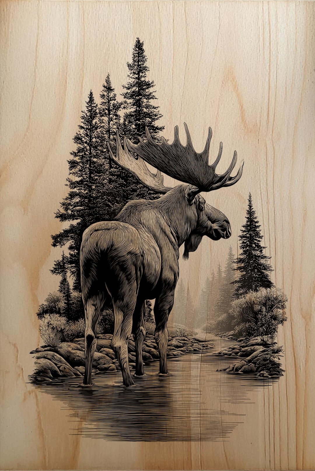 Bull Moose River Crossing Engraving PNG | Rear View Wildlife Laser File ...