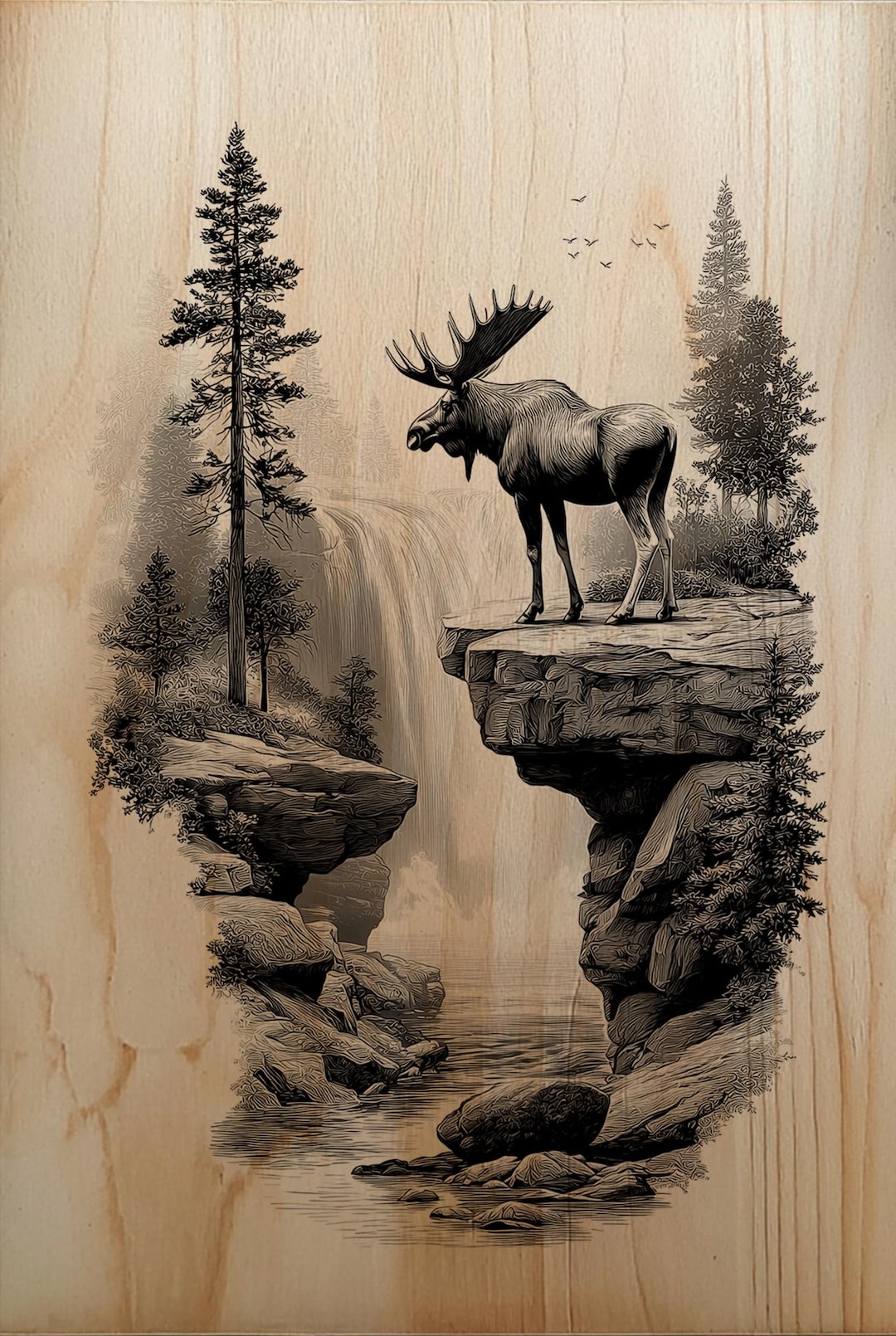 Moose on Cliff Edge Engraving PNG | Waterfall Overlook Laser File ...