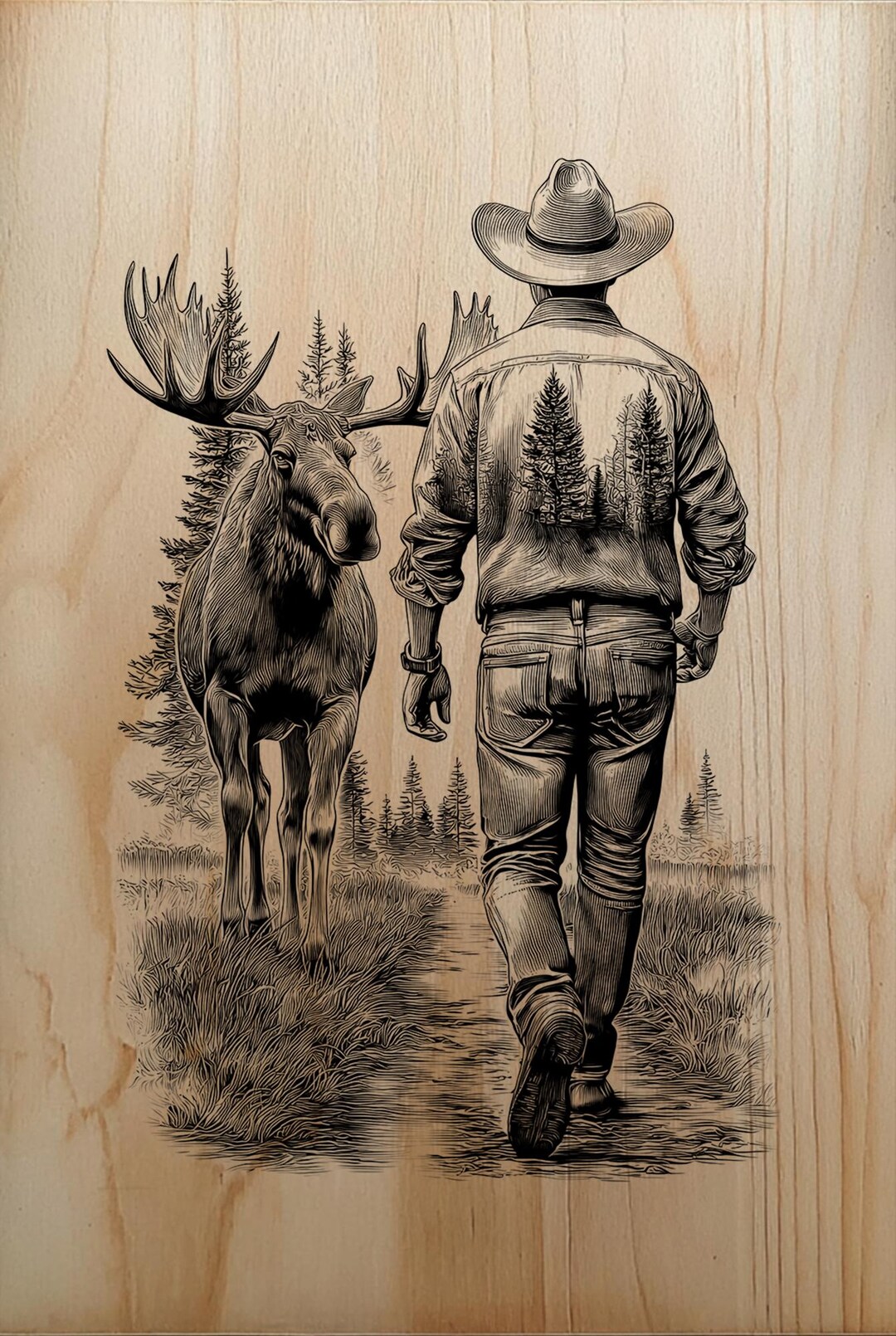 Wilderness Encounter Cowboy and Moose Laser Engraving Design Western ...