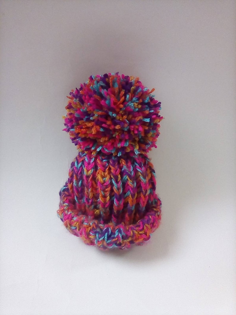Multi Coloured Baby Hat, Bright Pom Pom Hat, Stretchy Bobble Hat ...
