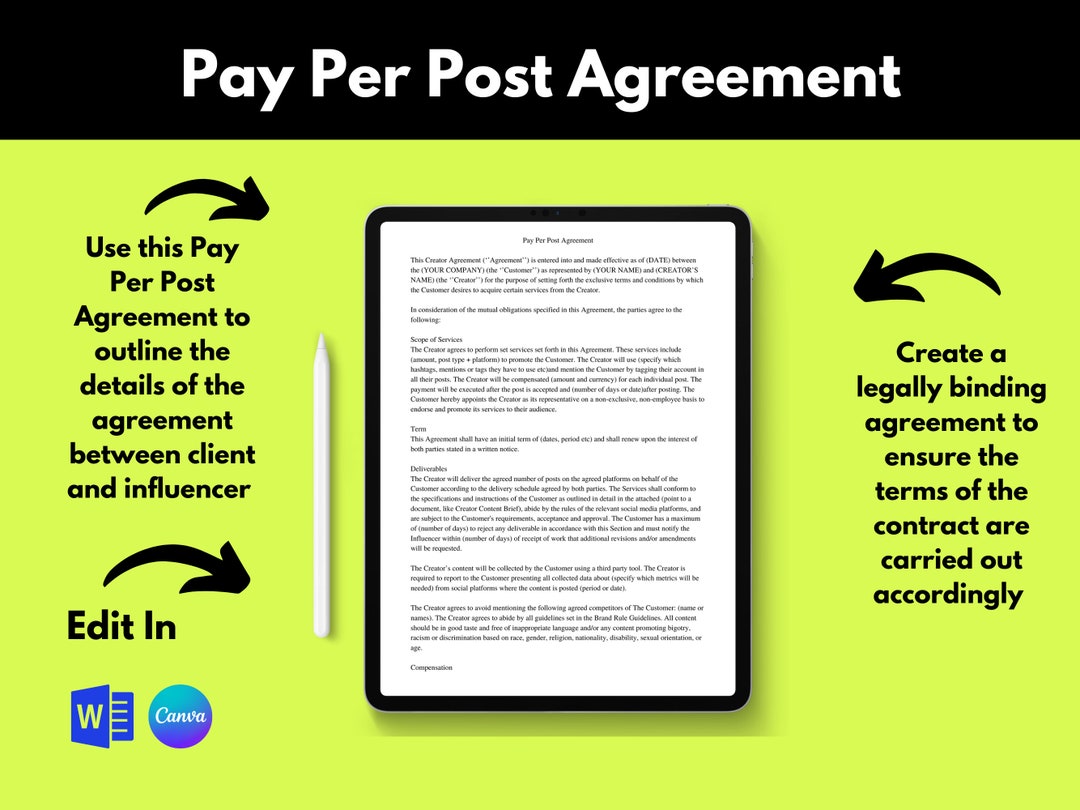 Pay per Post Agreement Template for Influencers: Customizable Canva ...