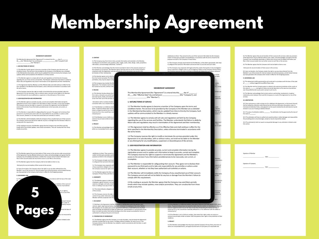 Comprehensive Membership Agreement Contract Template - Ideal for Clubs ...