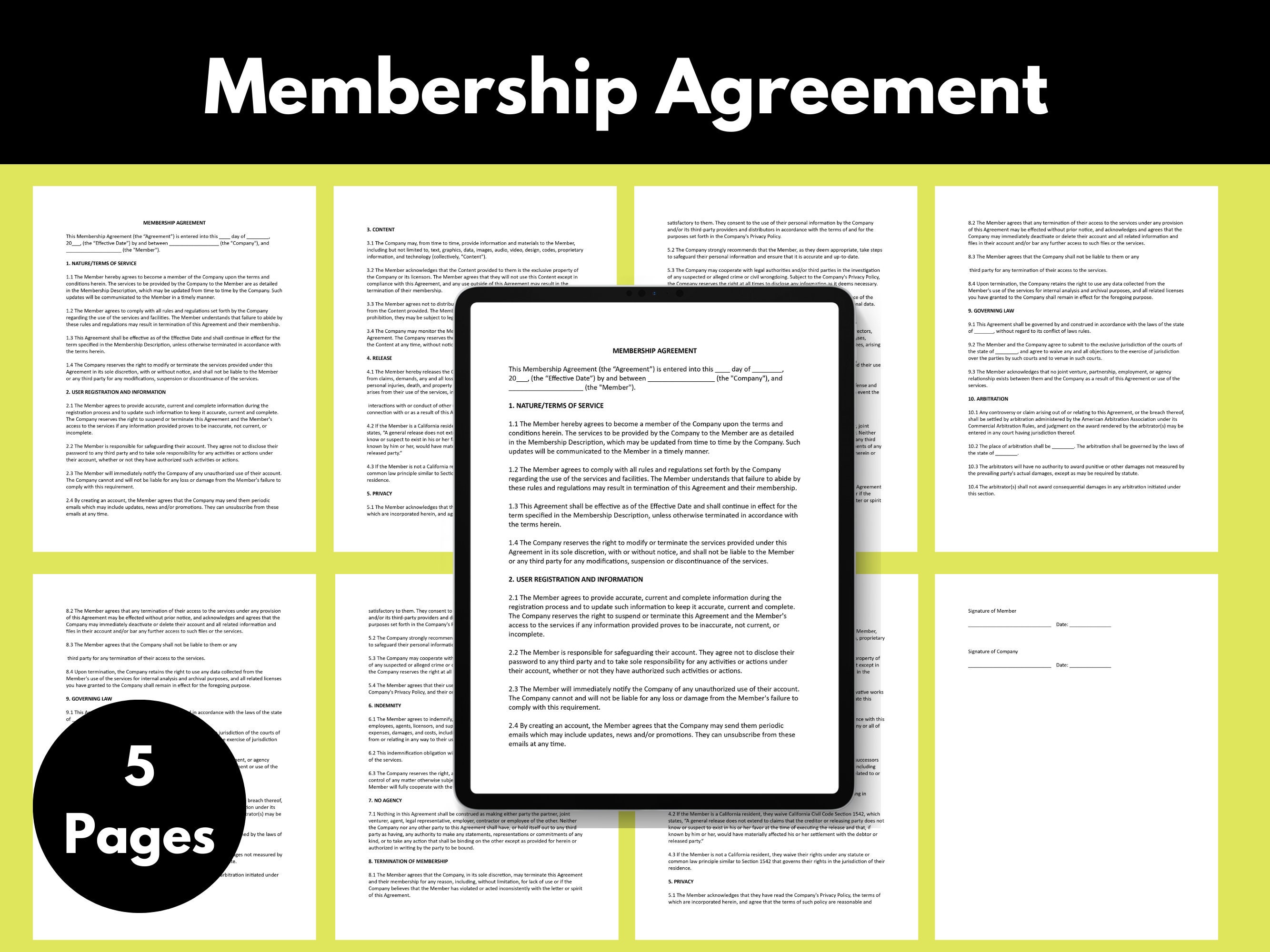 Comprehensive Membership Agreement Contract Template Ideal for Clubs ...