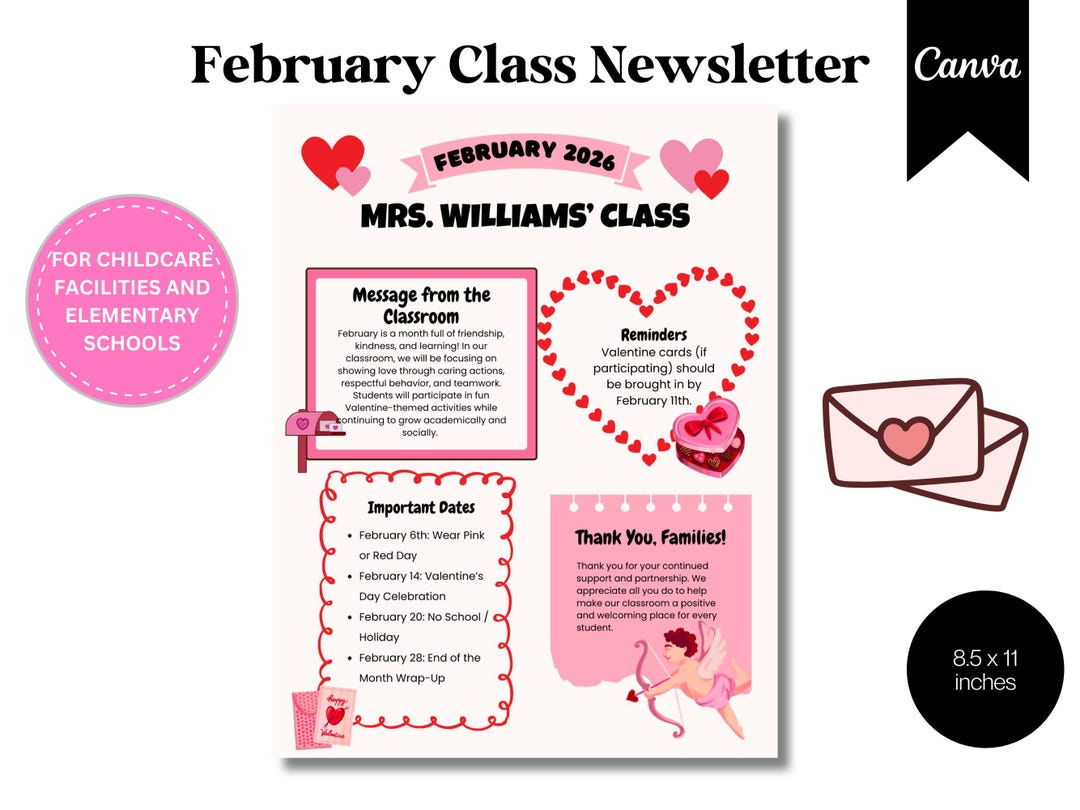 February Classroom Newsletter Template | Valentine’s Day School ...