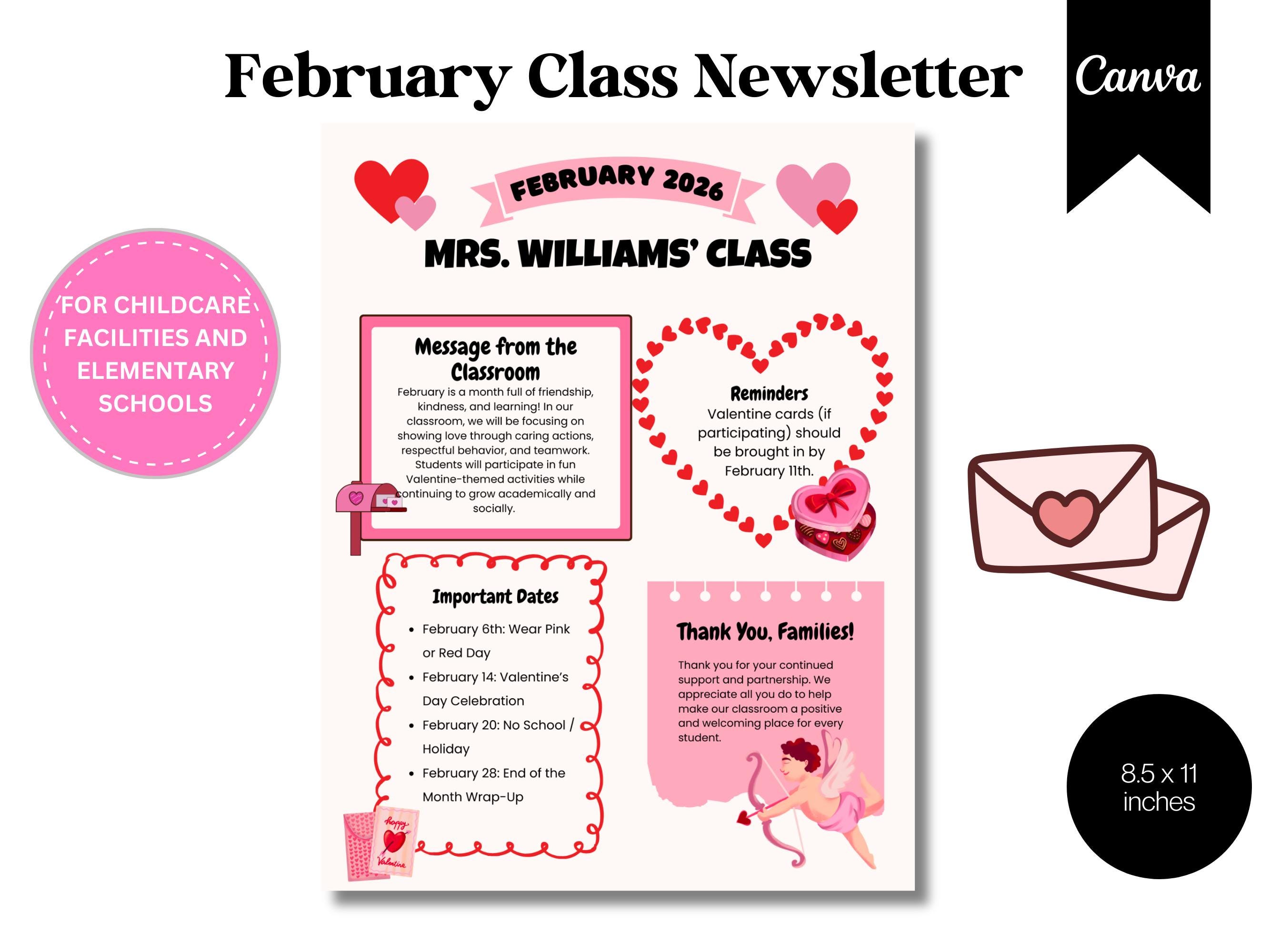 February Classroom Newsletter Template | Valentine’s Day School ...