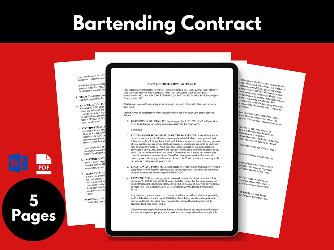 Bartending Contract for Events | Business Contract Template, Event ...