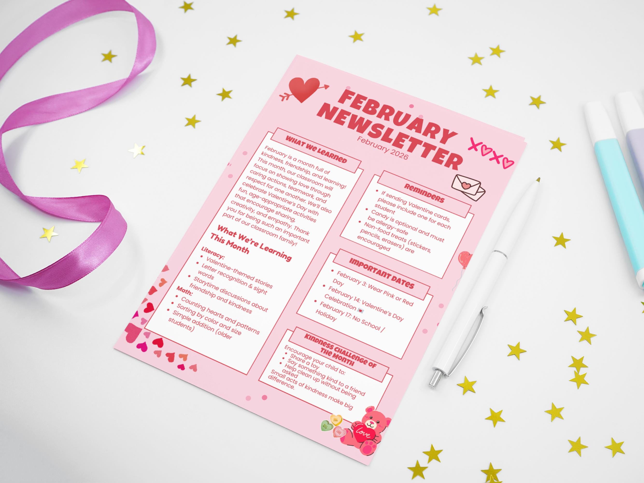 February Classroom Newsletter Template | Valentine’s Day School ...