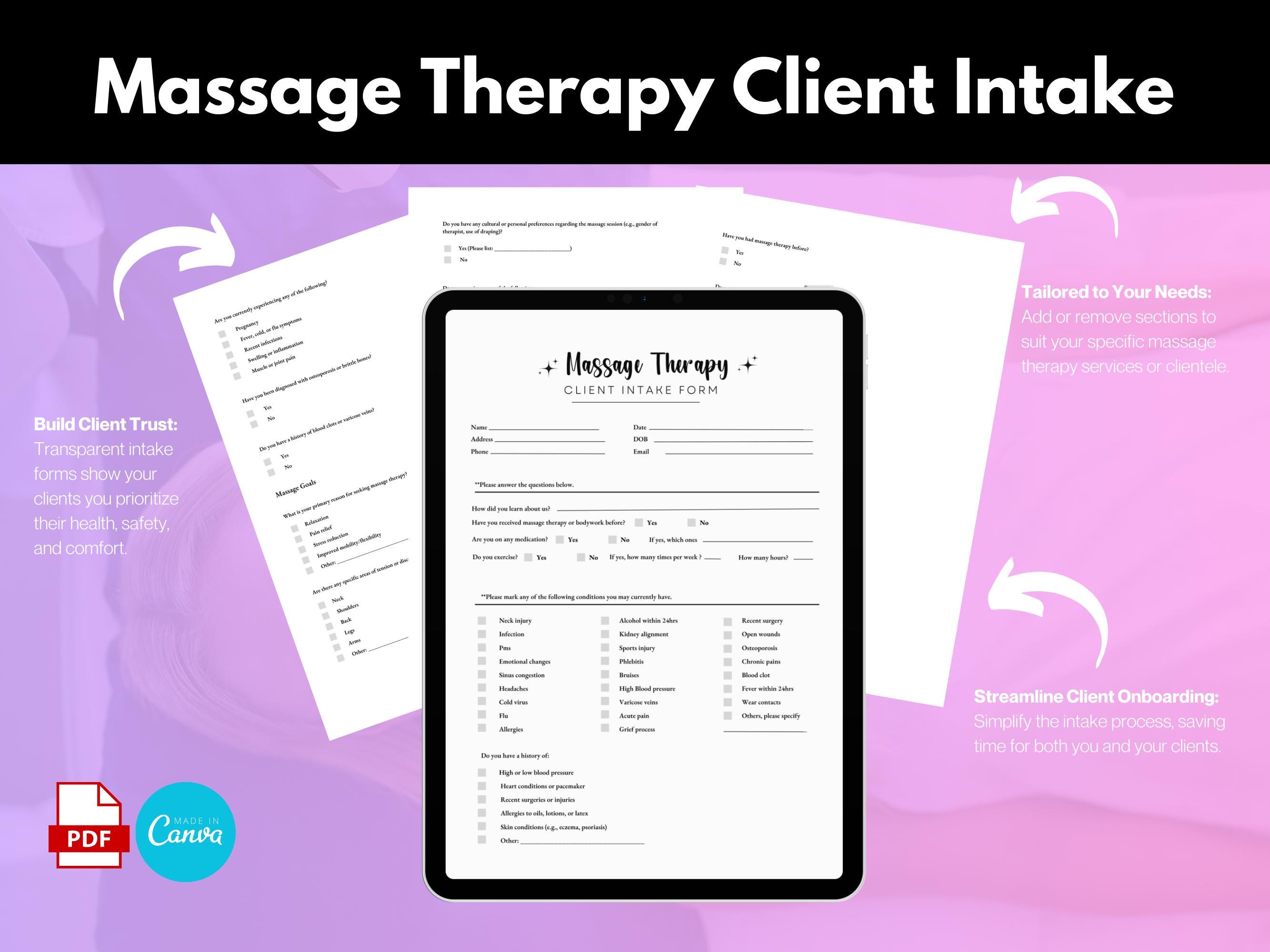 Editable Massage Therapy Intake Form: Client Consultation, Medical ...