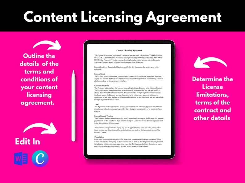 Content Licensing Agreement Template: Business Contract (canva & Word ...