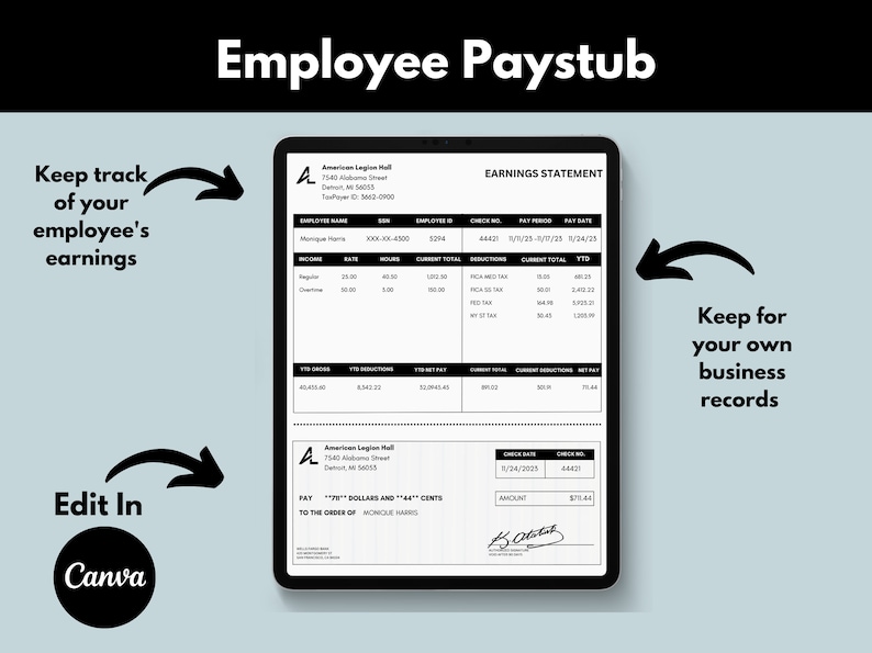 Editable Employee Pay Stub Template: Digital Payroll (8.5 X 11) - Etsy