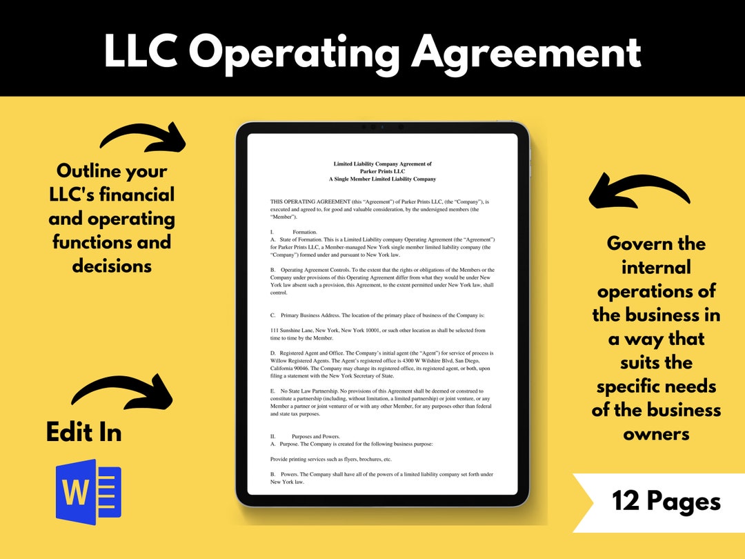 Editable LLC Operating Agreement Template for Small Business (digital ...